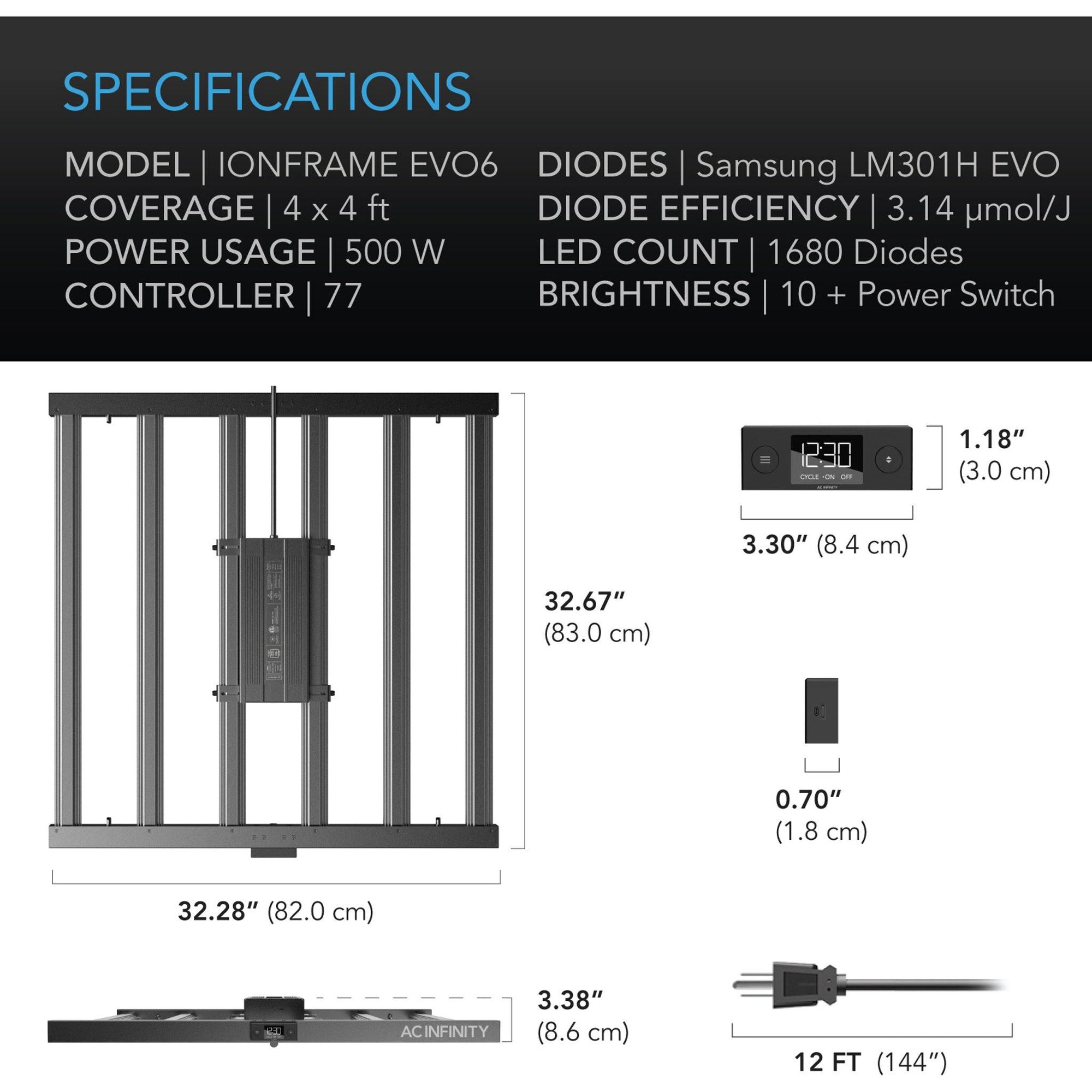 AC Infinity Ionframe EVO6 500W Commercial Full Spectrum LED Grow Light